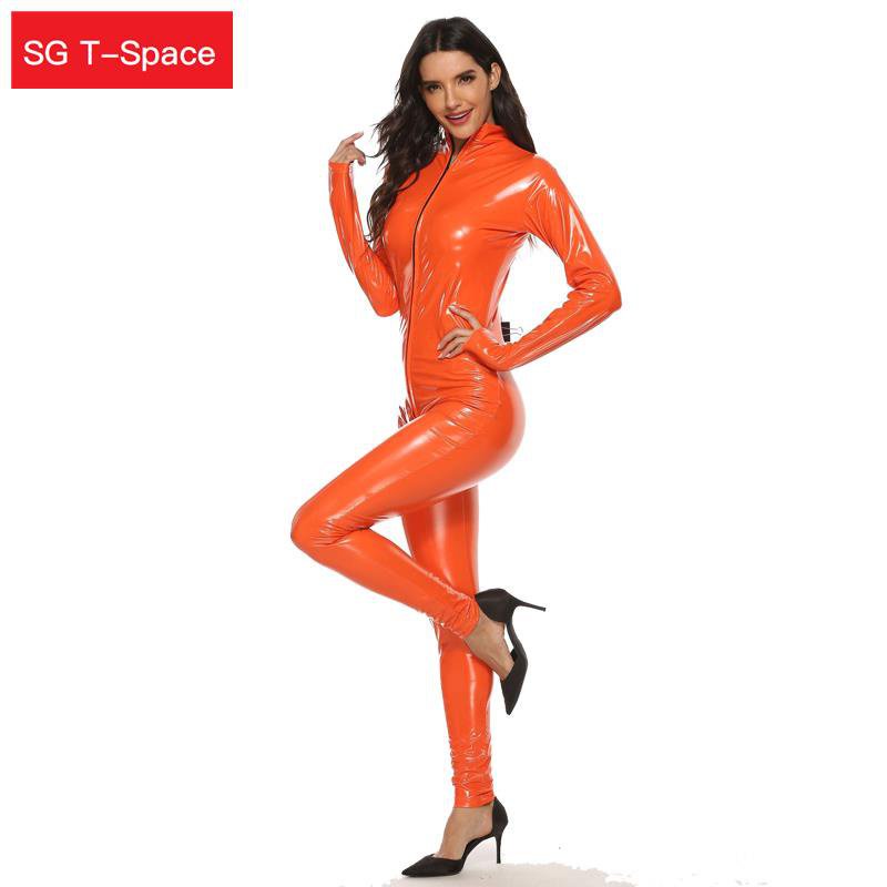 Sexy Hot Women Faux Leather Catsuit Pvc Latex Bodysuit Front Zipper