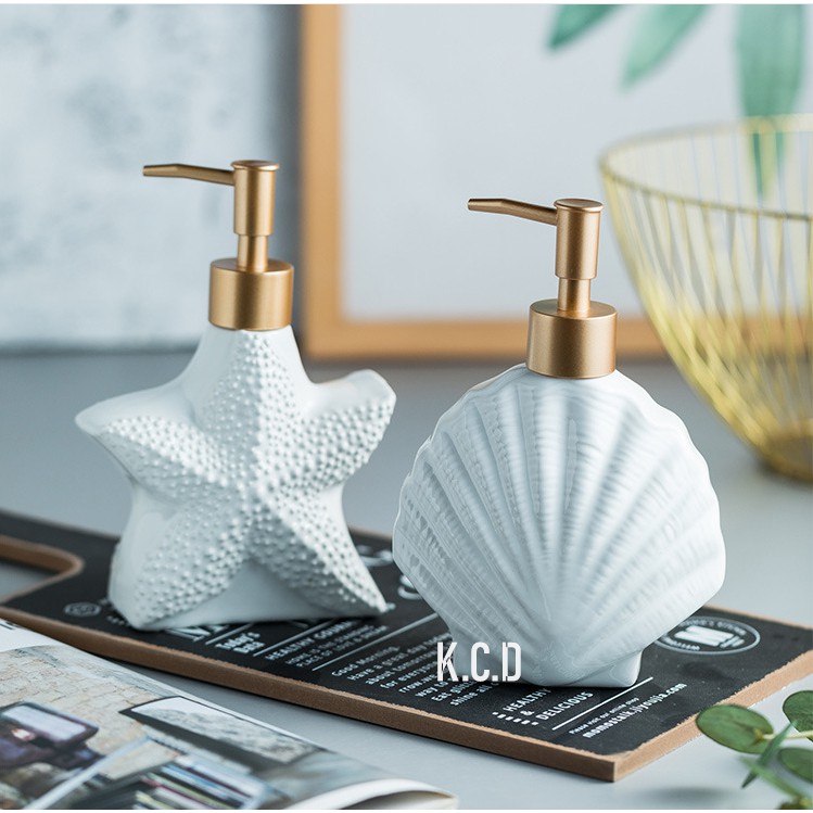 Ocean Theme Soap Dispenser White Ceramic Lotion Bottle with Golden ...