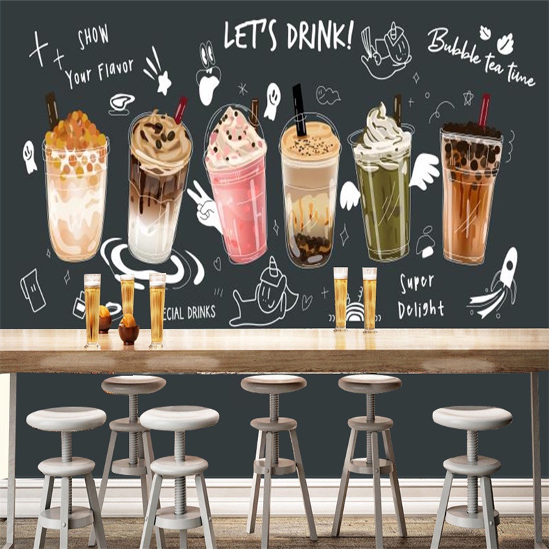 Custom Modern Pearl Milk Tea Shop Wall papers Industrial Decor ...
