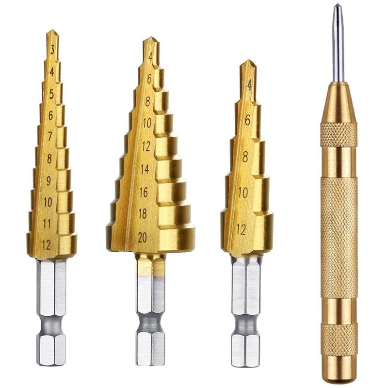 4PCS HSS High Speed Steel Titanium Step Drill bits Set Wood Metal Hole ...