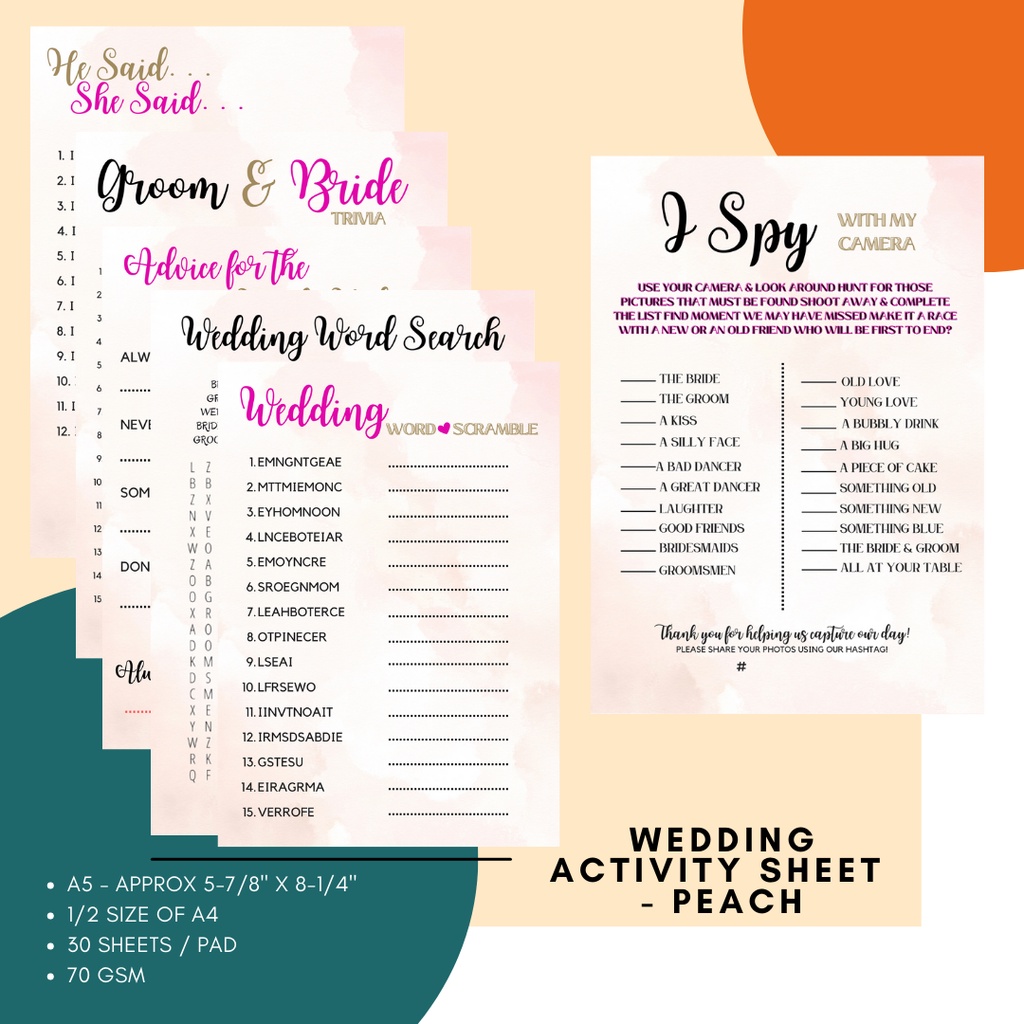 Wedding Activity Sheet Notepad - Peach Color (Non-Sticky-Tearable) A5 ...