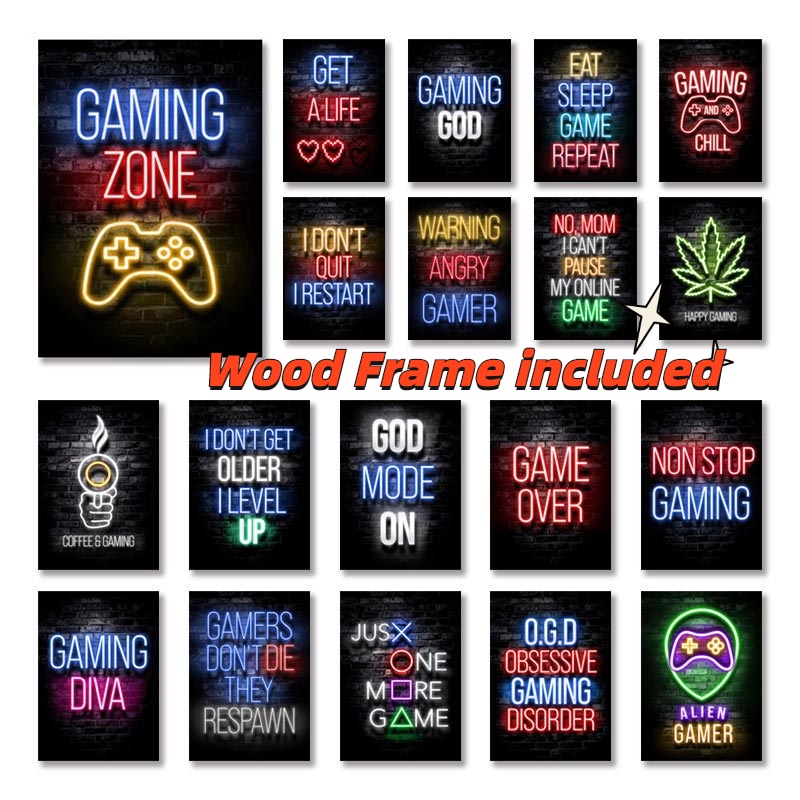 (With Frame) Boys Room Game Wall Poster Canvas Playroom Neon Decor ...