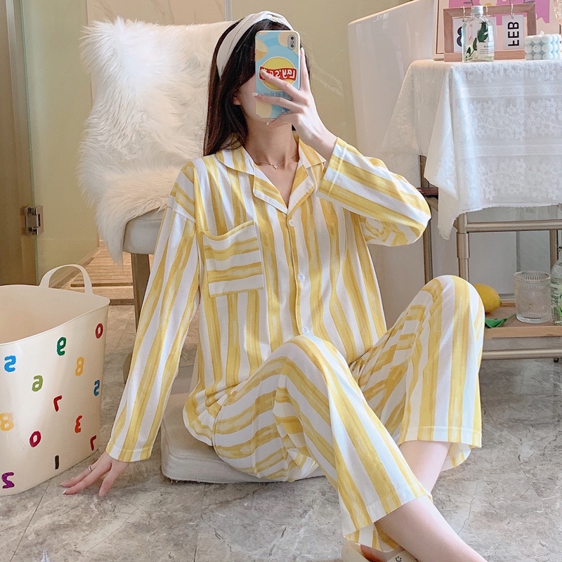 Stripe pajama terno for woman Long Sleeves 2022 New Blue Yellow Wanita ...