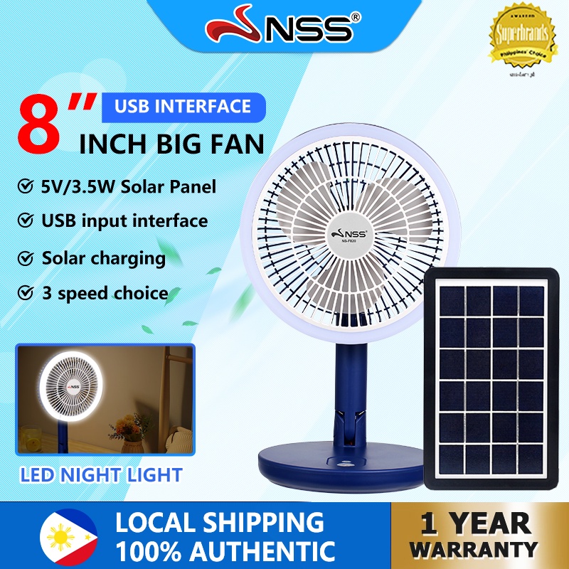 NSS 8 inch solar desk fan with panel usb rechargeable fan with light ...