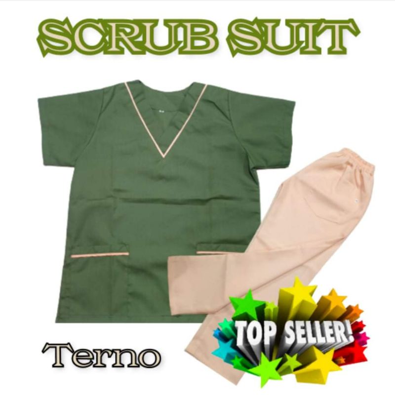 scrub suit terno piping unisex army/beige | Shopee Philippines