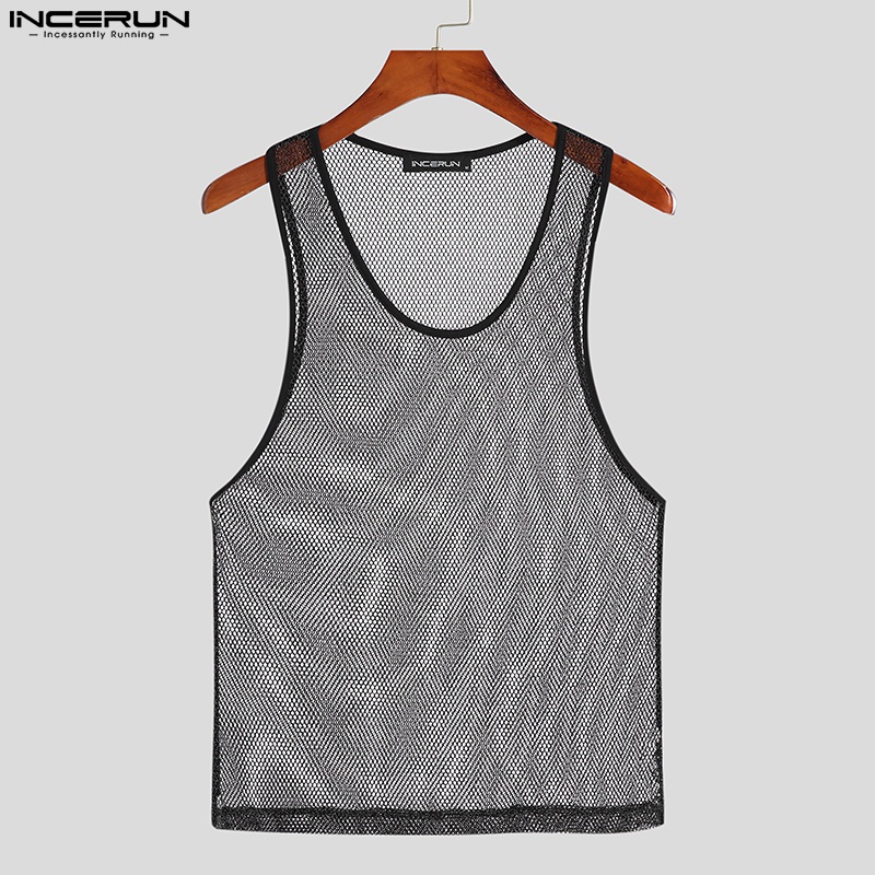 INCERUN Men 3 Colors Shinny Mesh See Through Sleeveless Hollow Out Tank ...