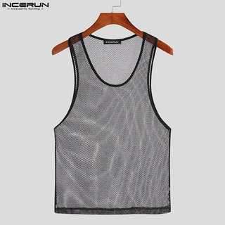 INCERUN Men 3 Colors Shinny Mesh See Through Sleeveless Hollow Out Tank ...