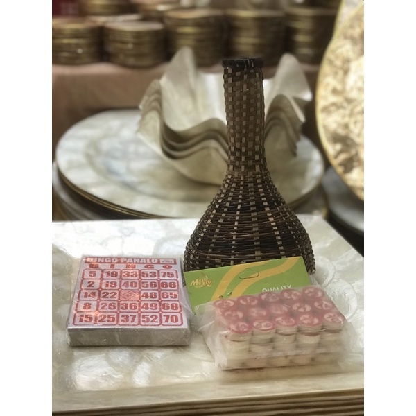 BINGO SET | RATTAN/NITO SHAKER | 50pcs. CARDS | 75pcs. WOODEN CHIPS ...