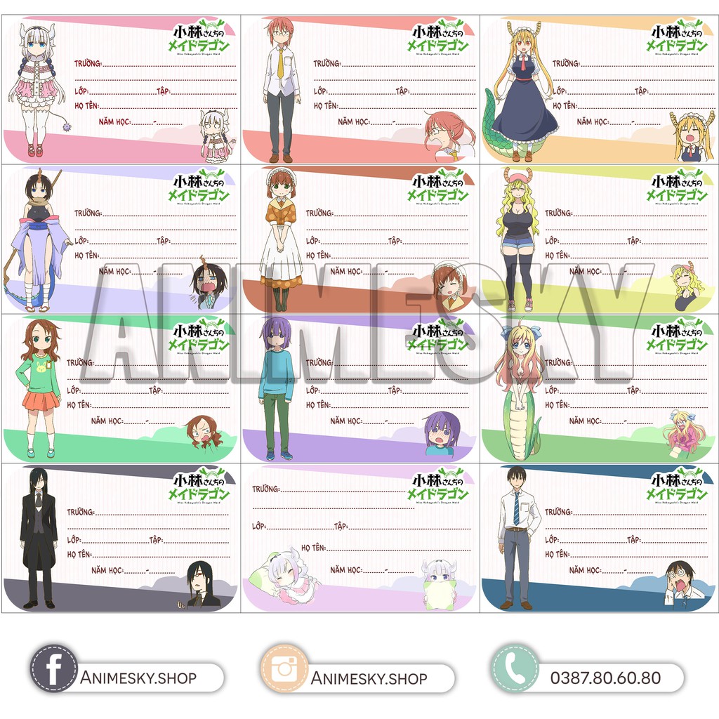 Kobayashi notebook labels - Kobayashi-san's dragon maid 1 set of 12 ...