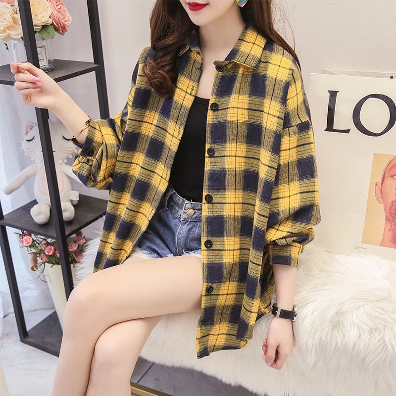 Plaid Blouse Women Loose Korean Style Long Sleeve Plus Size Yellow ...