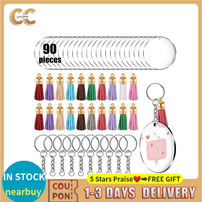 【🇵🇭LOCAL SHIP】90Pcs Transparent Acrylic Disc Keychain Rough Tassel ...