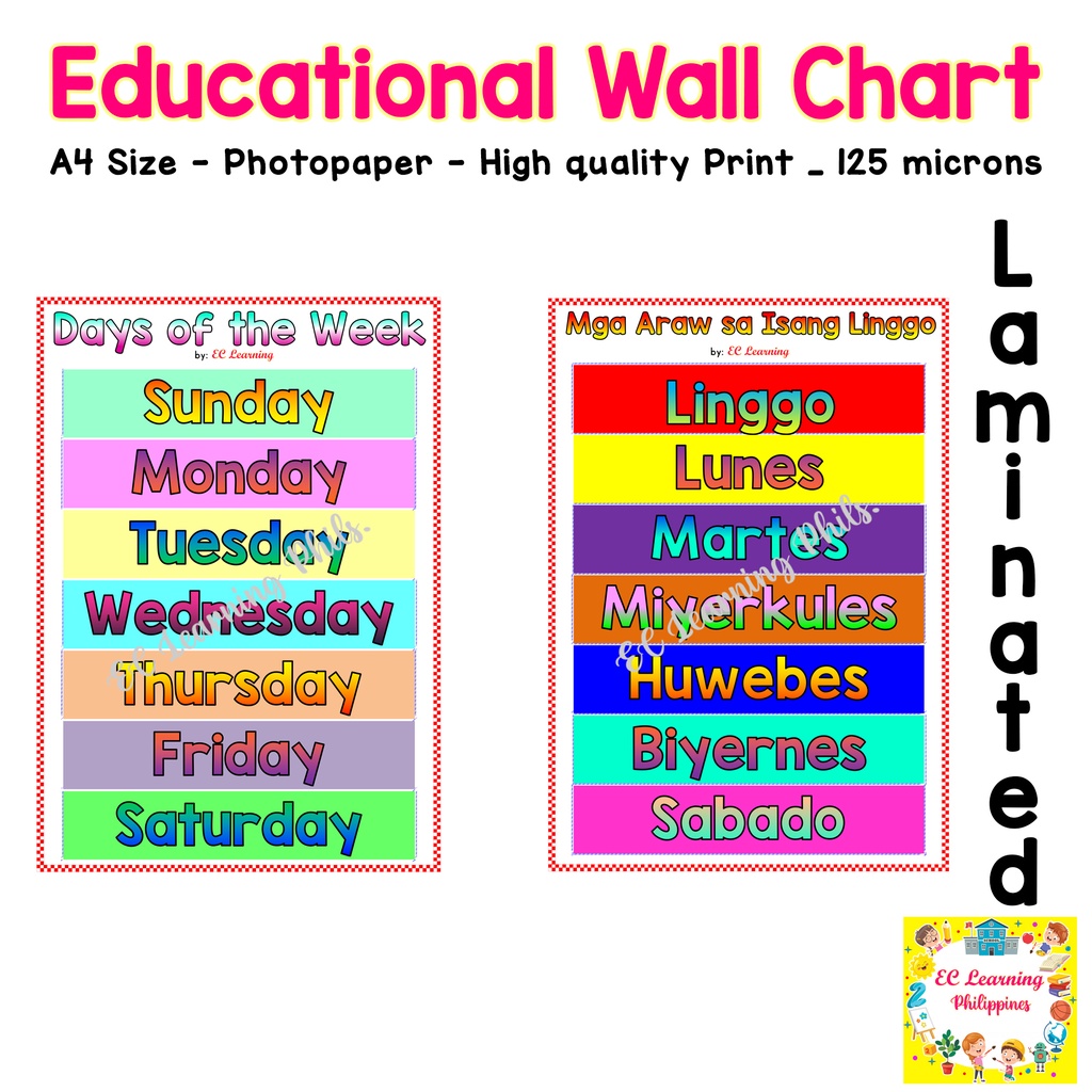 A4 DAYS OF THE WEEK and ARAW SA ISANG LINGGO Laminated Educational Wall ...