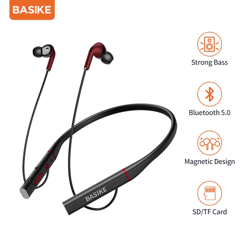 Basike-TW50 Wireless Neckband Earphone Bluetooth Earphones HIFI Stereo ...