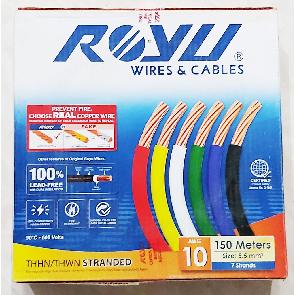 Original Royu THHN / THWN 10/7 (5.5mm sq.) Gauge Wire Stranded x 150 ...
