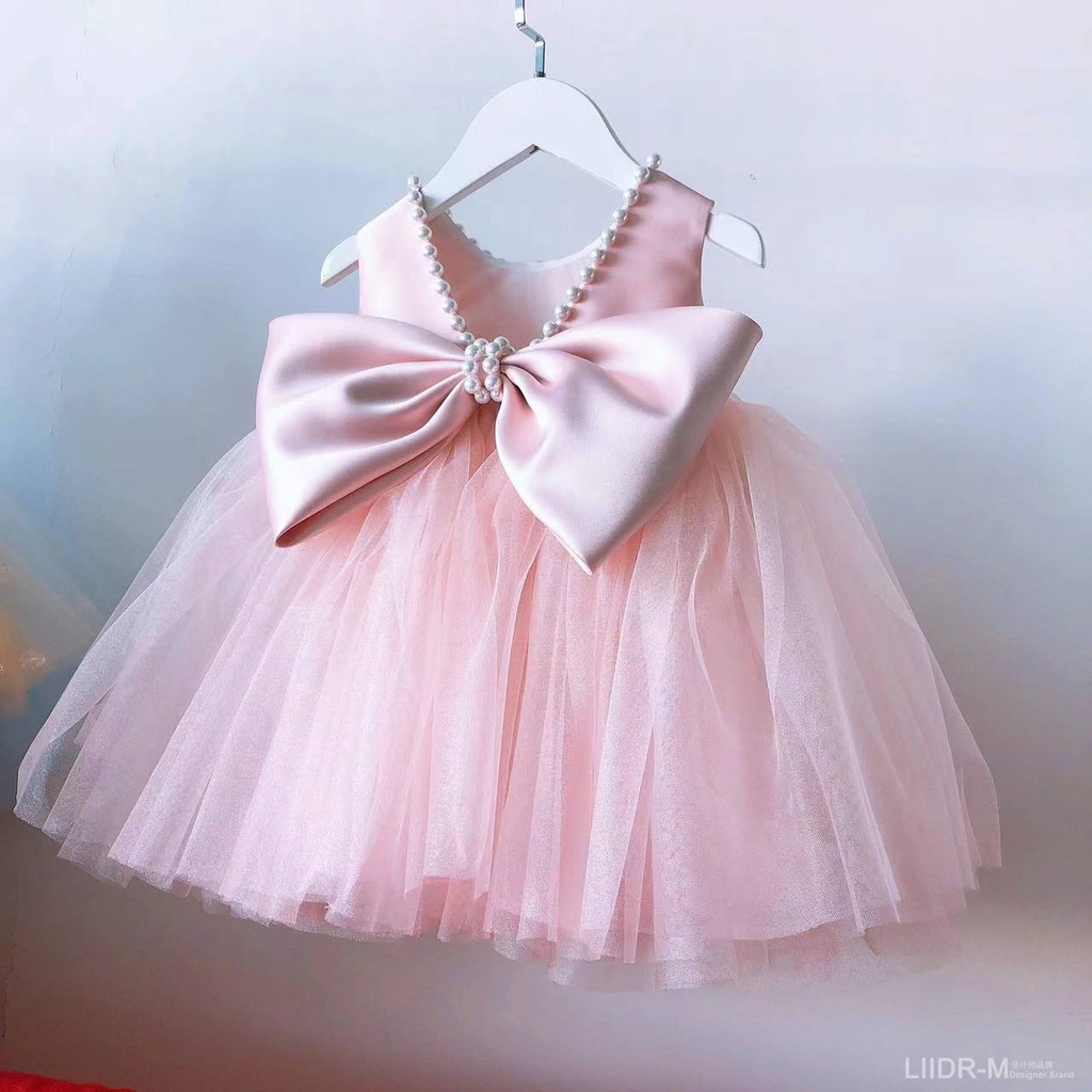 Baby girl Pompous pearls Baptismal Sleeveless pink princess dress birthday wedding christening ...