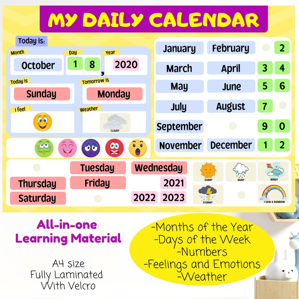 Daily Calendar A4 Size/ Updated Calendar for Kids / Laminated Chart ...