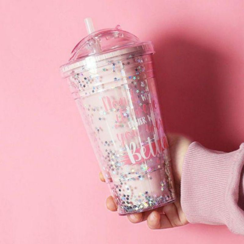 Blink glitter bottle Tumbler drinking water straw 450ml | Shopee ...
