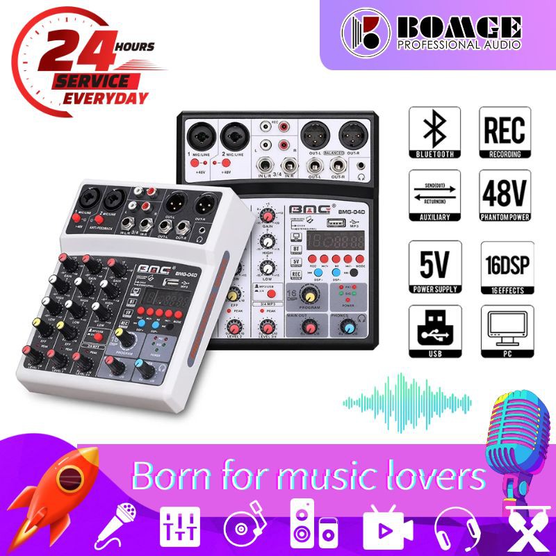 BOMGE 4 channel dj audio sound mixer with MP3 USB Bluetooth, stereo record,48V phantom power,5V ...