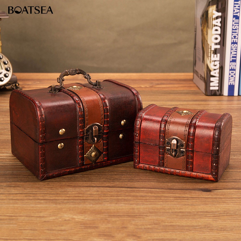 Boatsea Vintage Wood Jewelry Storage Box Treasure Chest with Lock ...