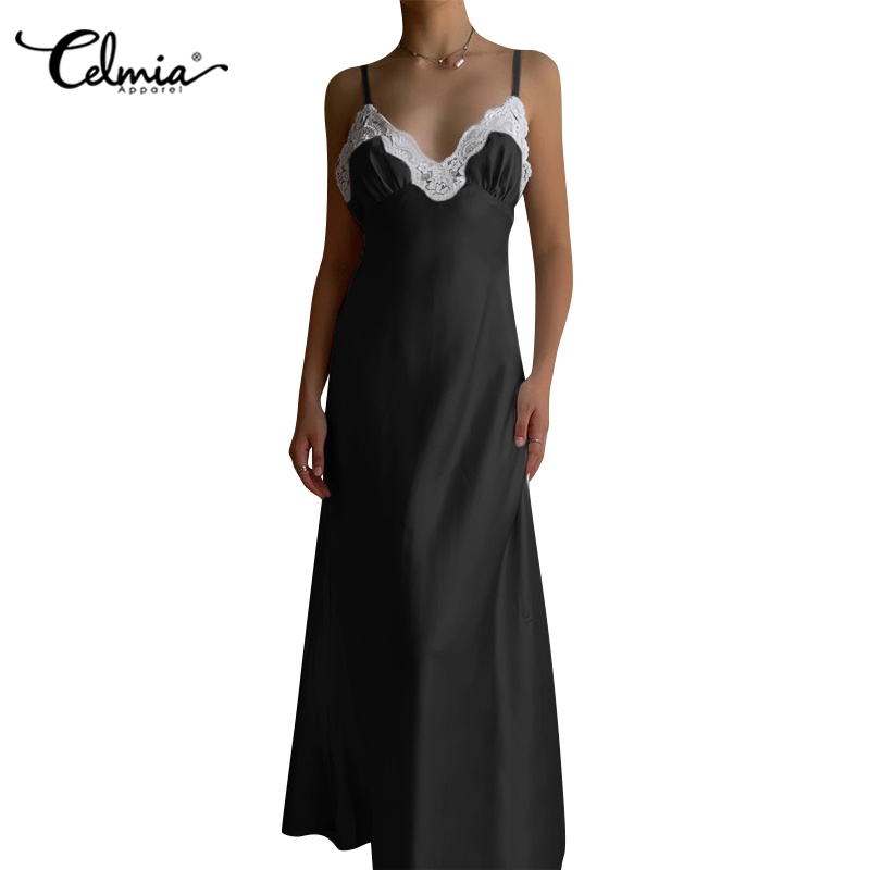 Celmia Summer Women Nightdress Spaghetti Strap V Neck Lace Patchwork ...