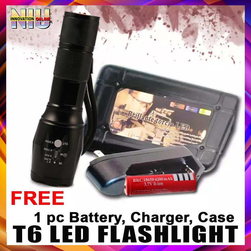 Ultra Bright CREE T6 LED Flashlight 5 Modes 2000 Lumens Zoomable LED Torch 18650 + Charger XML ...