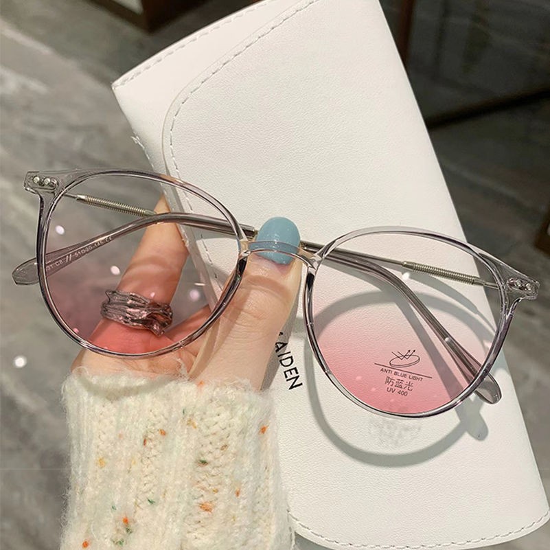Korean Gradient Pink Blush Glasses Anti Blue Lens Round Frame Blusher ...