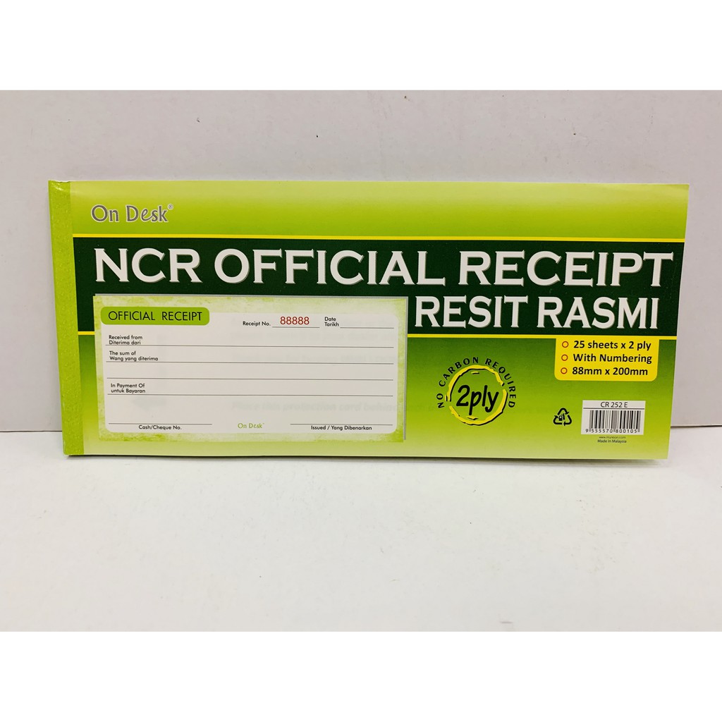 NCR OFFICIAL RECEIPT/RESIT RASMI (25 SHEETS X 2PLY) WITH NUMBERING 88MM ...