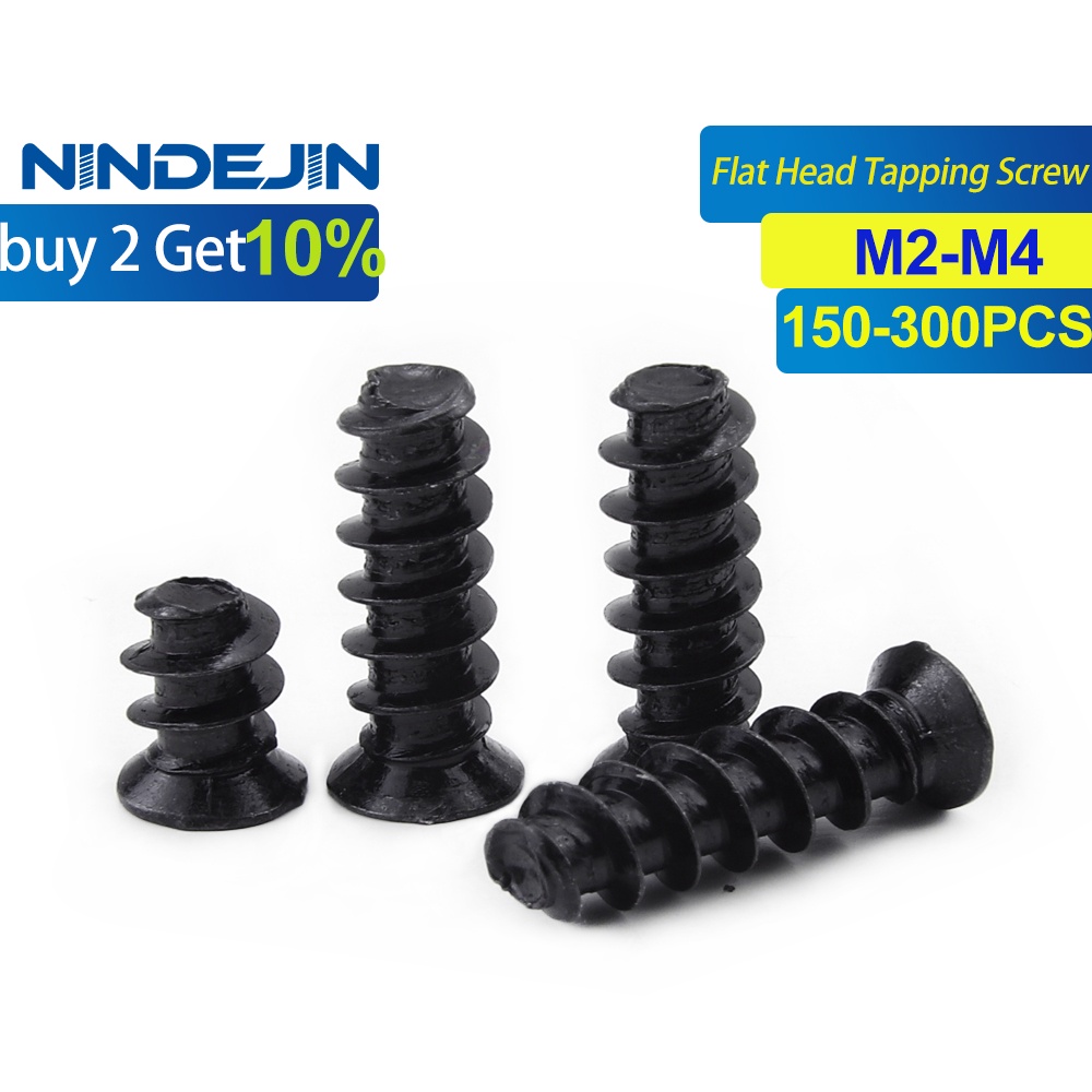 NINDEJIN 150-300pcs Cross Recessed Flat Head Self-Tapping Screw M2/M2.3/M2.6/M3/M4 Black Carbon ...