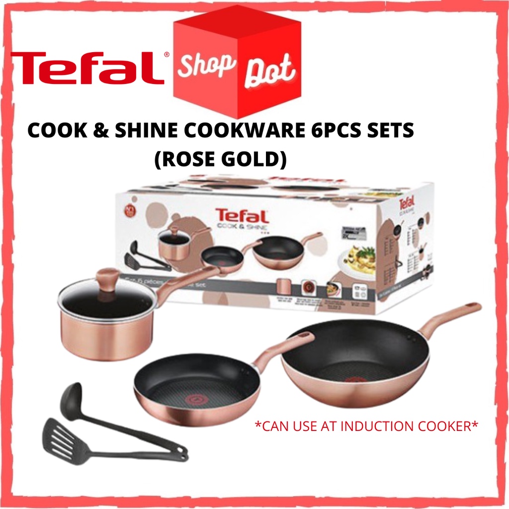 TEFAL Cook & Shine Rose Gold Color Pot Pan Set With Lid 6 Pcs Model ...
