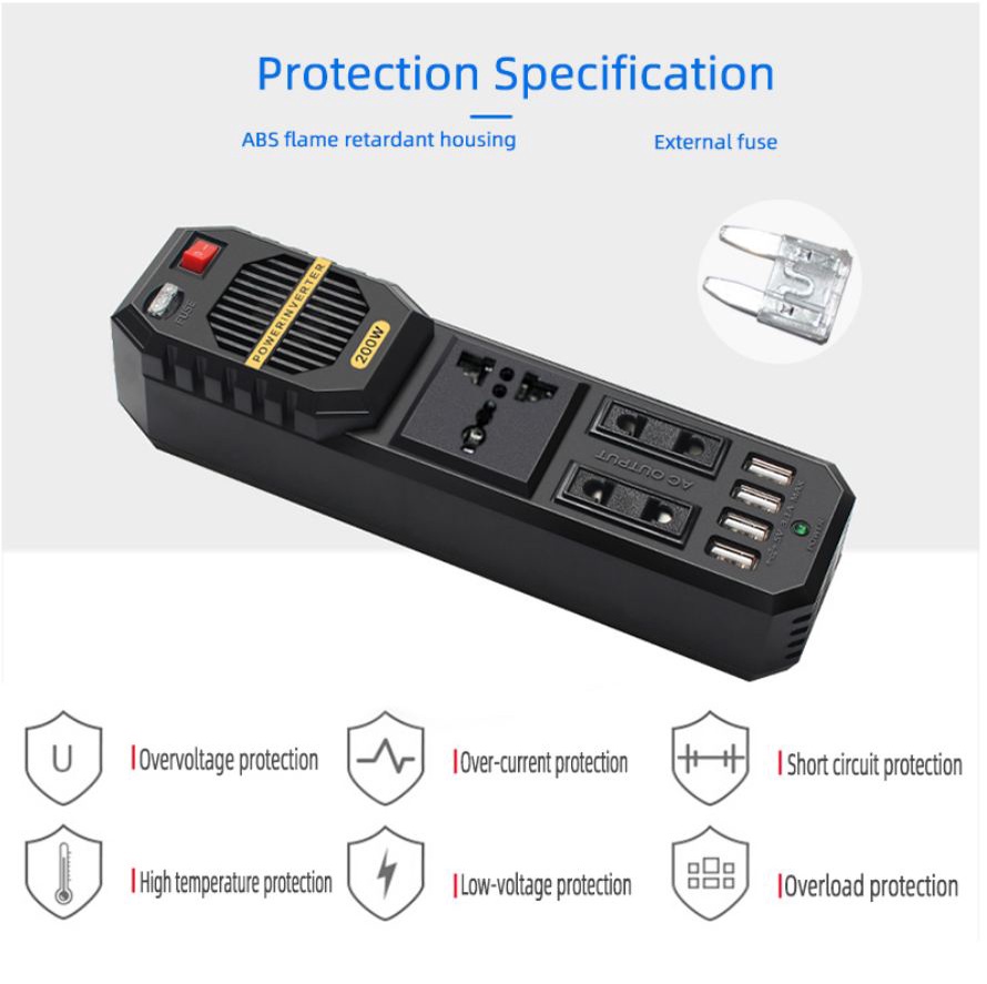 E8981 200W Ac/Dc 12V 220V Car Power Inverter With 4 Usb Charging Ports And 3 Ac Socket | Shopee ...