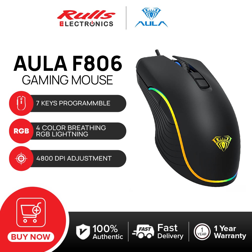 AULA F806 Gaming Mouse | RGB Backlit | 4800DPI Adjustment USB Wired for ...