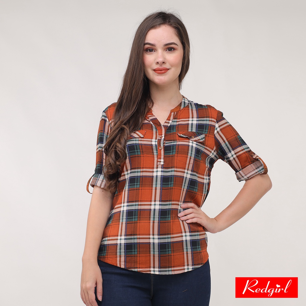 Red Girl Woven Checkered 3/4" Blouse RLT04-4455 (Camel) | Shopee ...