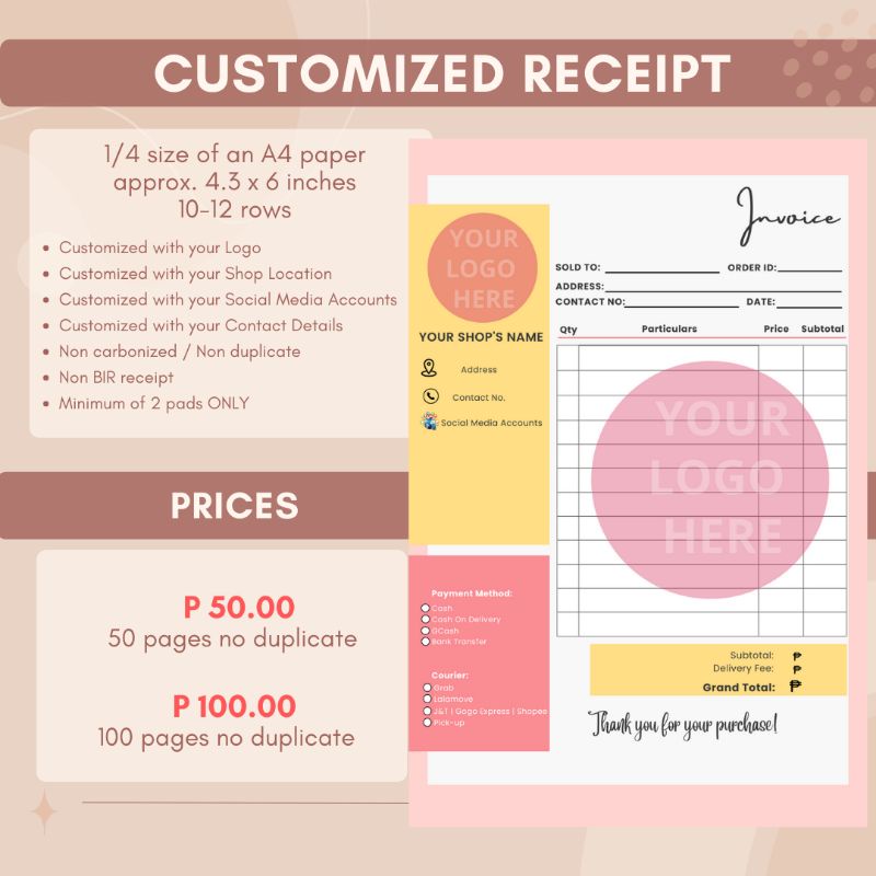 Personalize Receipt Invoice NON BIR Size 4" x 6" (Min of 2 pads) (Non ...