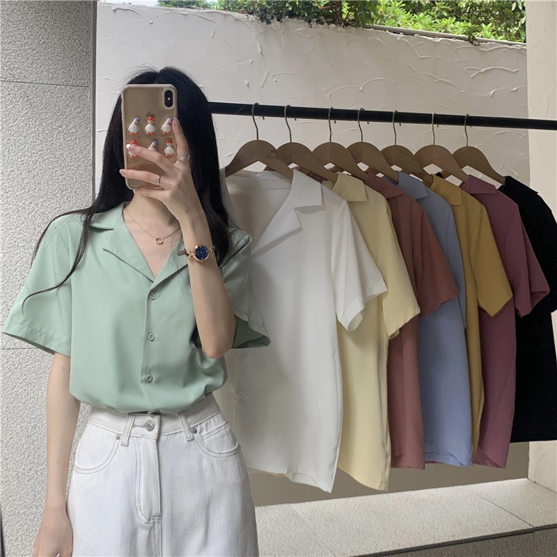 Xiaoran Korean Style Casual Fashion Solid Color Shirt Womens All Match