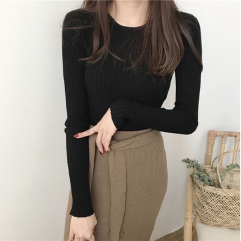 Korean Knit Womens Plain Color Blouses Round Neck Long Sleeves Blouses ...