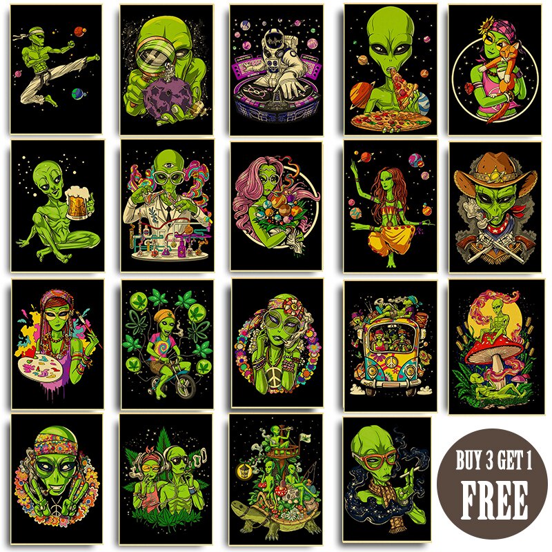 Psychedelic Alien Retro Poster For Coffee House home Room Bar Wall ...