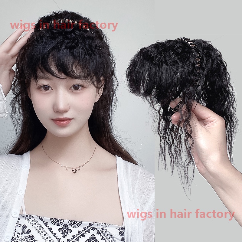 3D Bangs Straight & Kinky Curly Topper Wig with Headband Synthetic Top ...