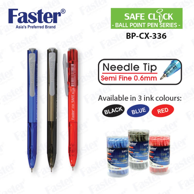Faster BP-CX-336 Safe Click 0.6mm Ball Point Pen (30 pcs) (Black/Blue ...