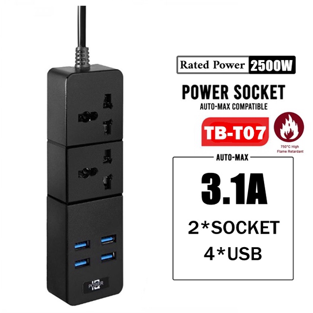 TB-T07 3.1A With 4 USB Port & 2 Socket Universal Power Extension US ...