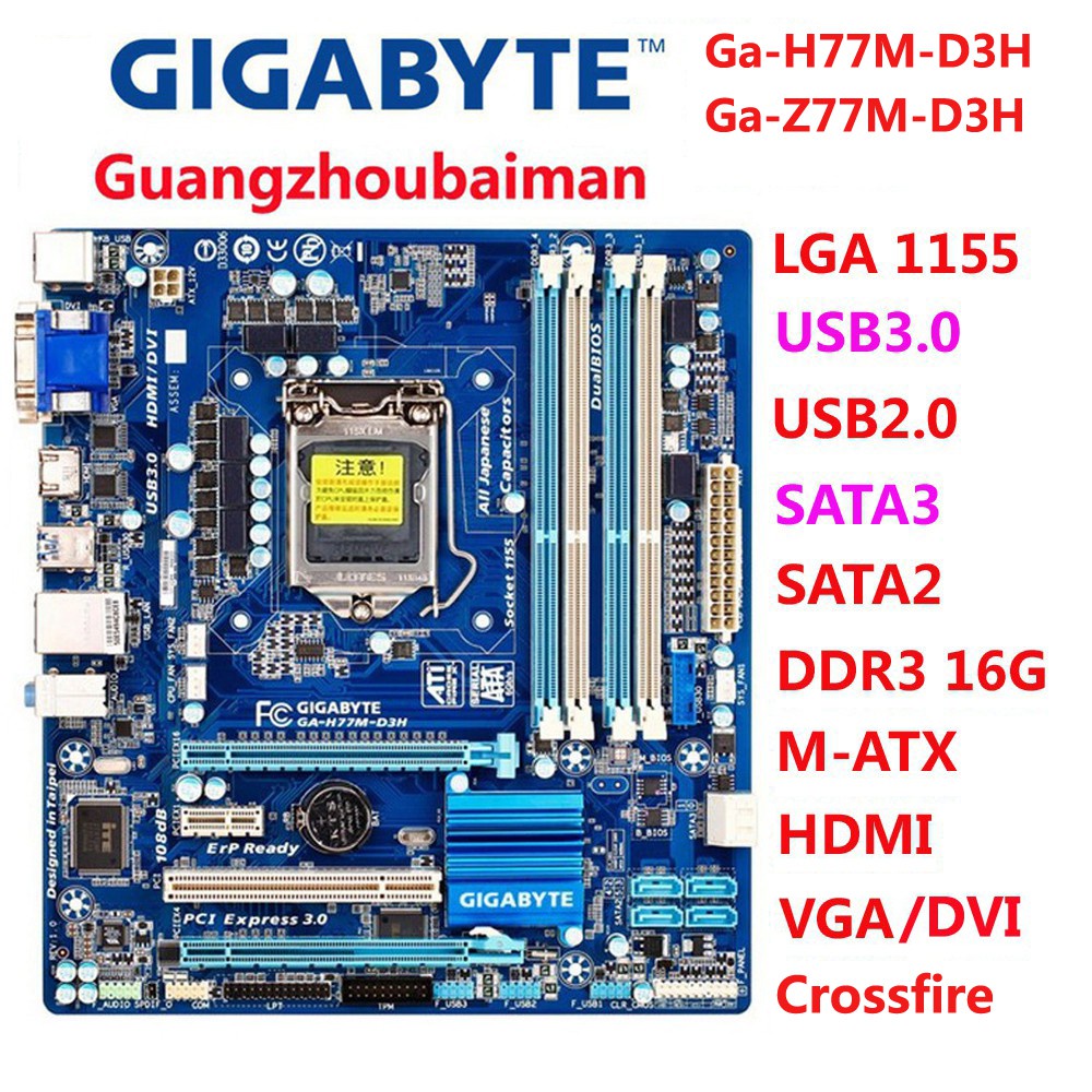 Used Gigabyte GA-Z77M-D3H Motherboard DDR3 SATA3 USB3.0 Similar to H77M ...