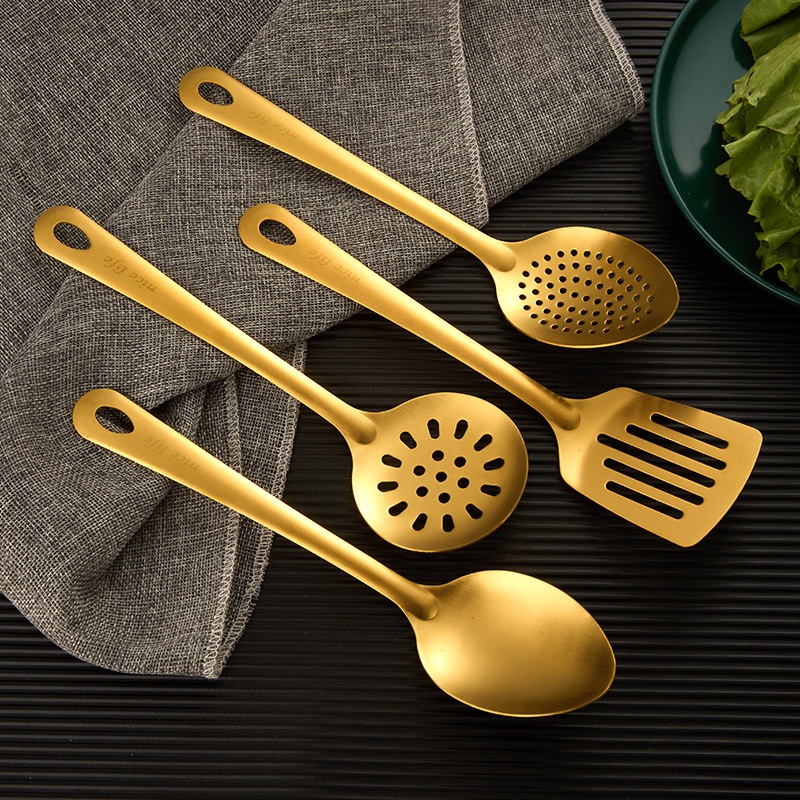 Gold Stainless Steel Kitchen Utensils Set Serving Spoon Colander Soup ...
