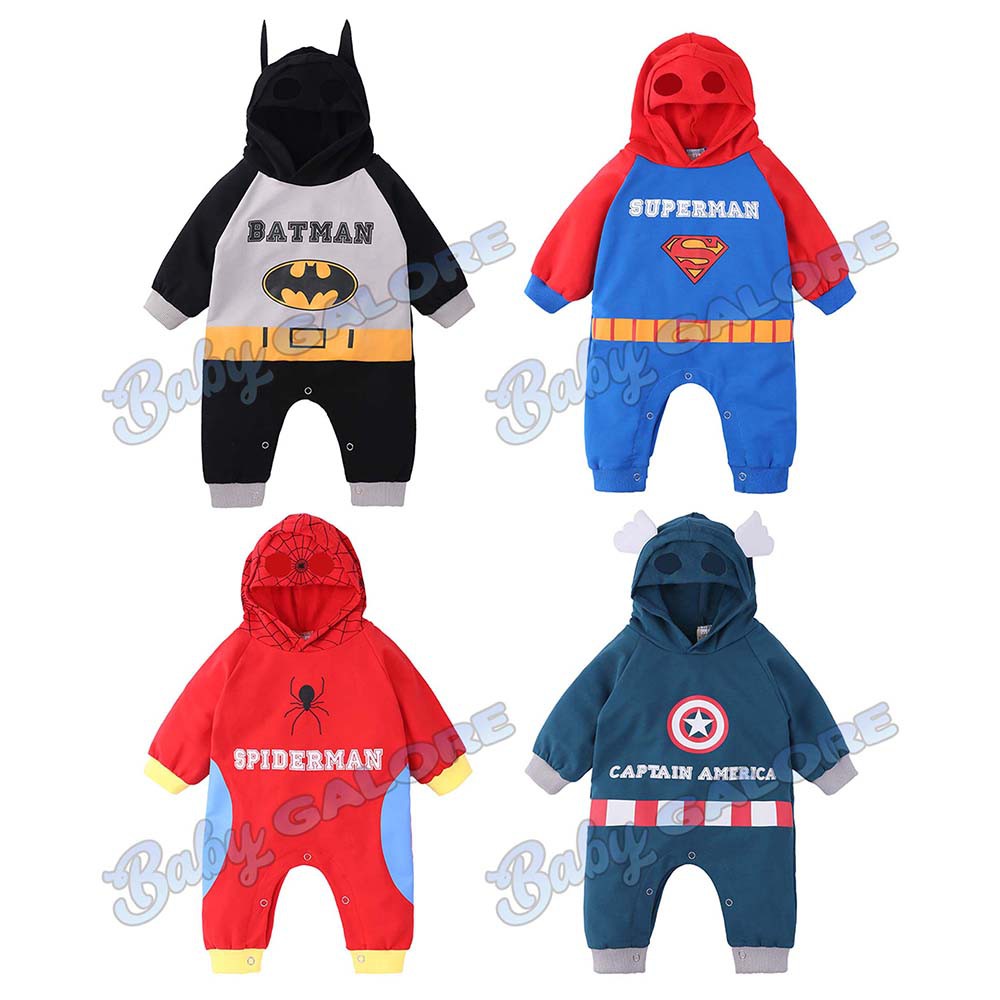Superhero Costume Hooded Overall or Romper Spiderman Batman Captain ...