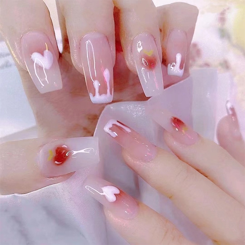 Milk White Peach Pattern Fake Nails with Liquid Glue Long False Nails ...