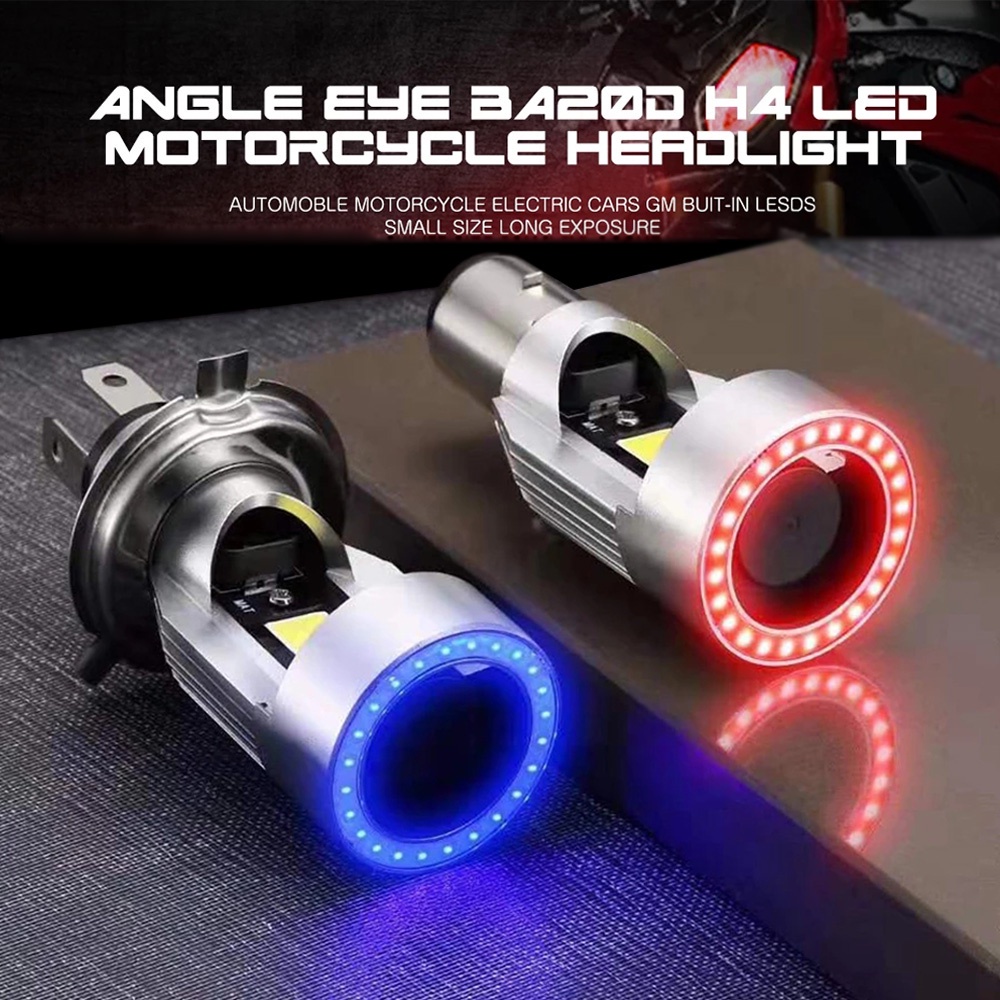 Blue/Red LED Headlight With Angel Eye H4 Ba20d HS1 H6 Scooter Motorcycle Light Bulb Accessories ...