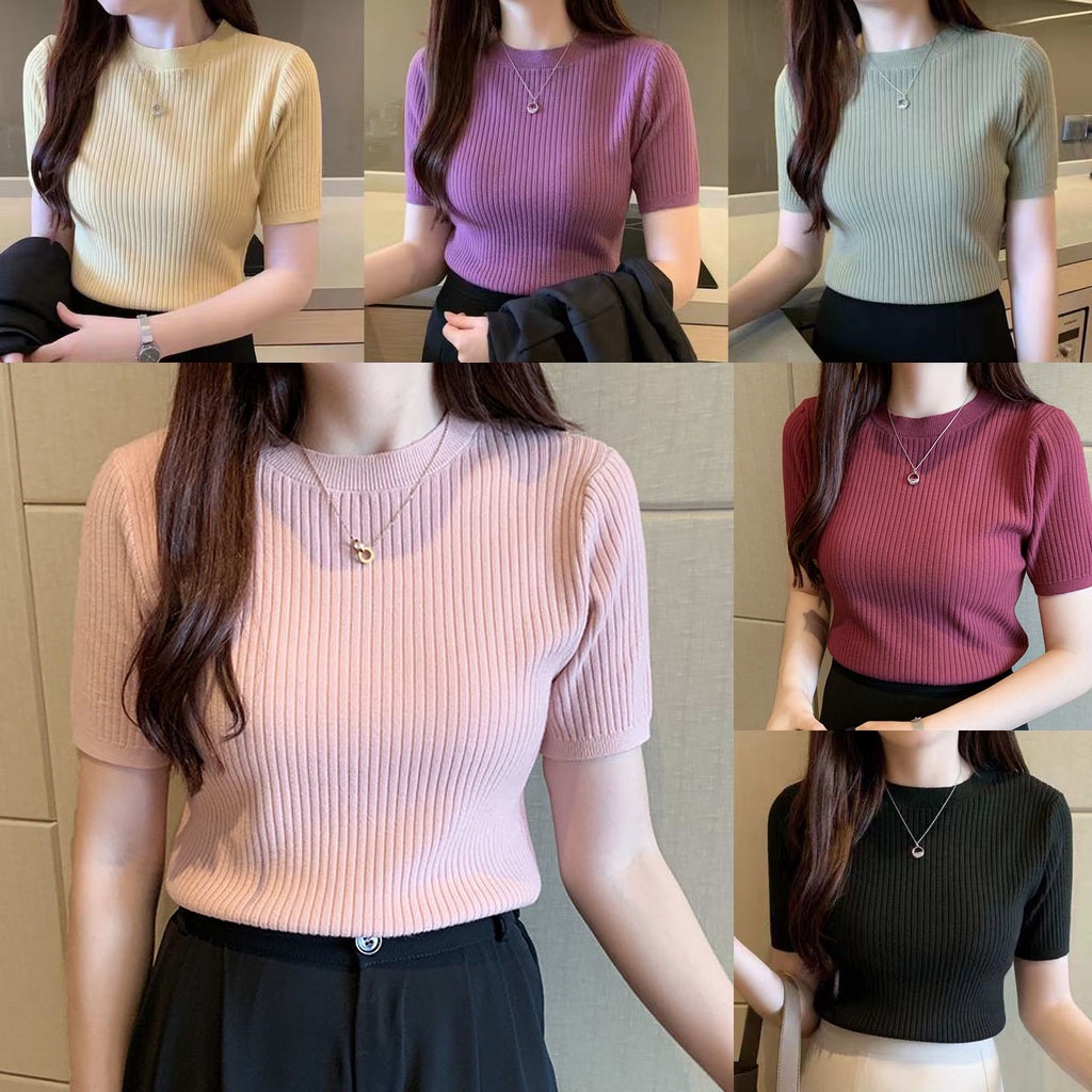 2023 Knitted Tops Women's Summer Korean Style Round Neck Short Sleeve ...