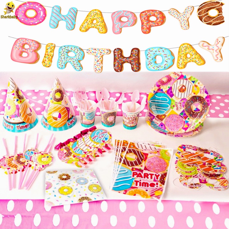 Donut theme party supplies tablecloth gift bags girls' birthday party ...