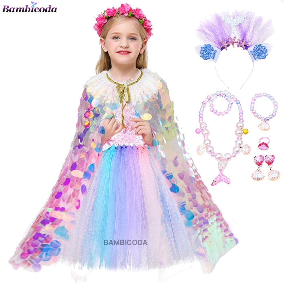 Pastel Sequins Girls Mermaid Tutu Dress with Cape Under The Ariel ...