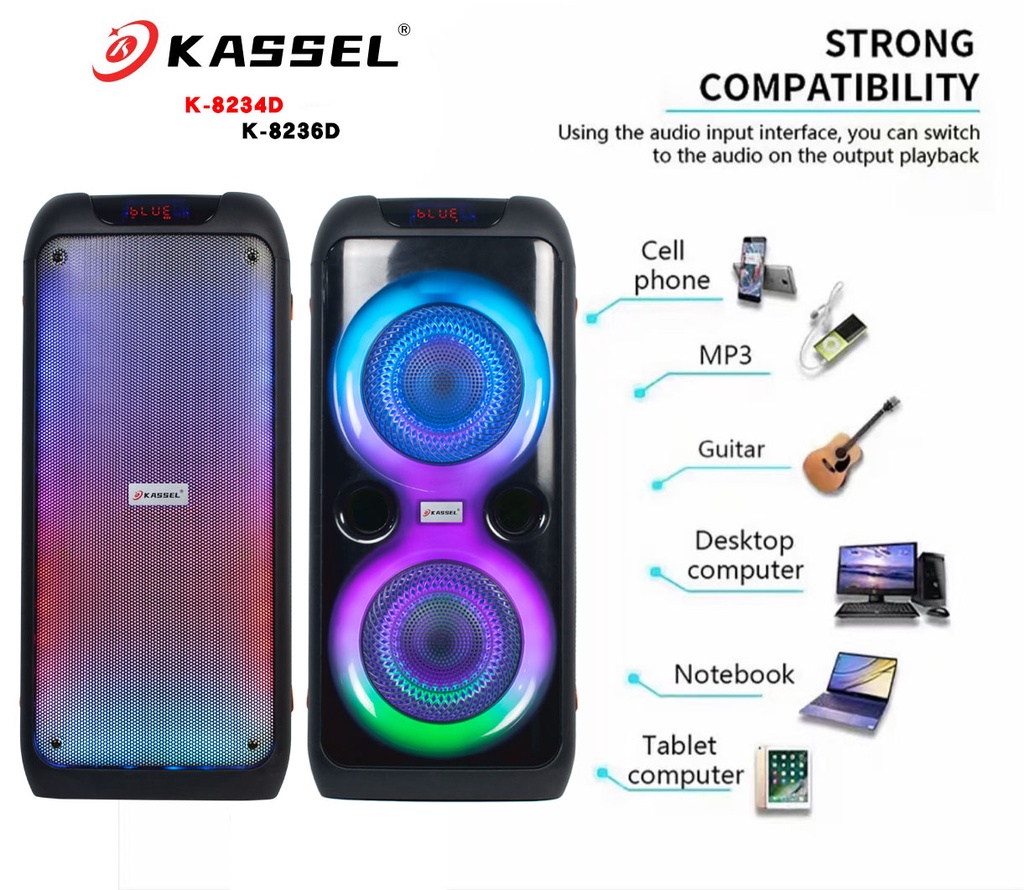 KASSEL 2x8" Flame Lamp TWS Portable Bluetooth Speaker Free Wireless Mic ...