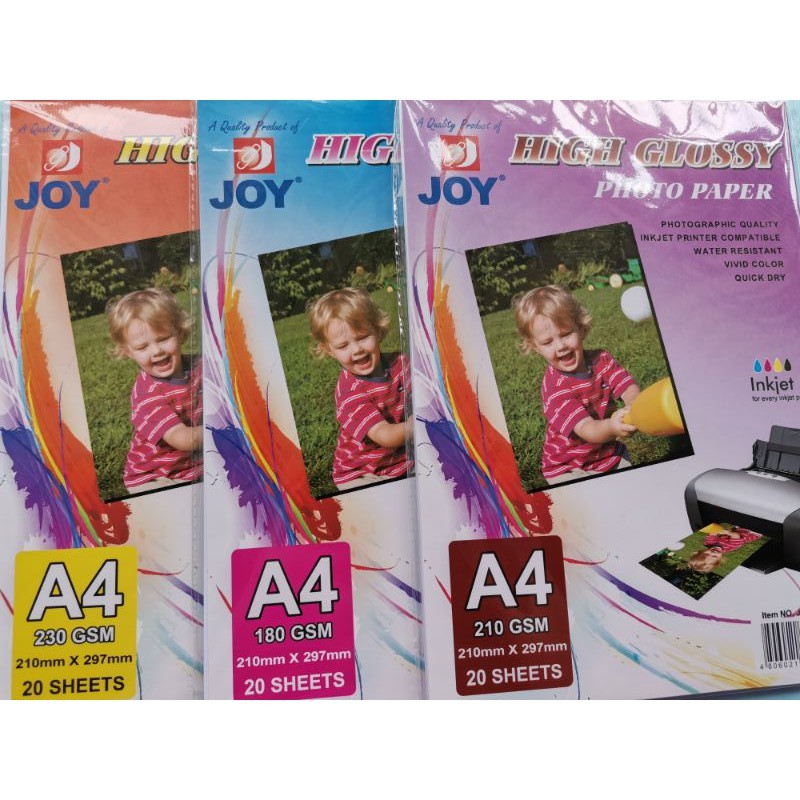 Joy Photo Paper Glossy A4 180gsm/210gsm/230gsm 20 sheets per pack ...