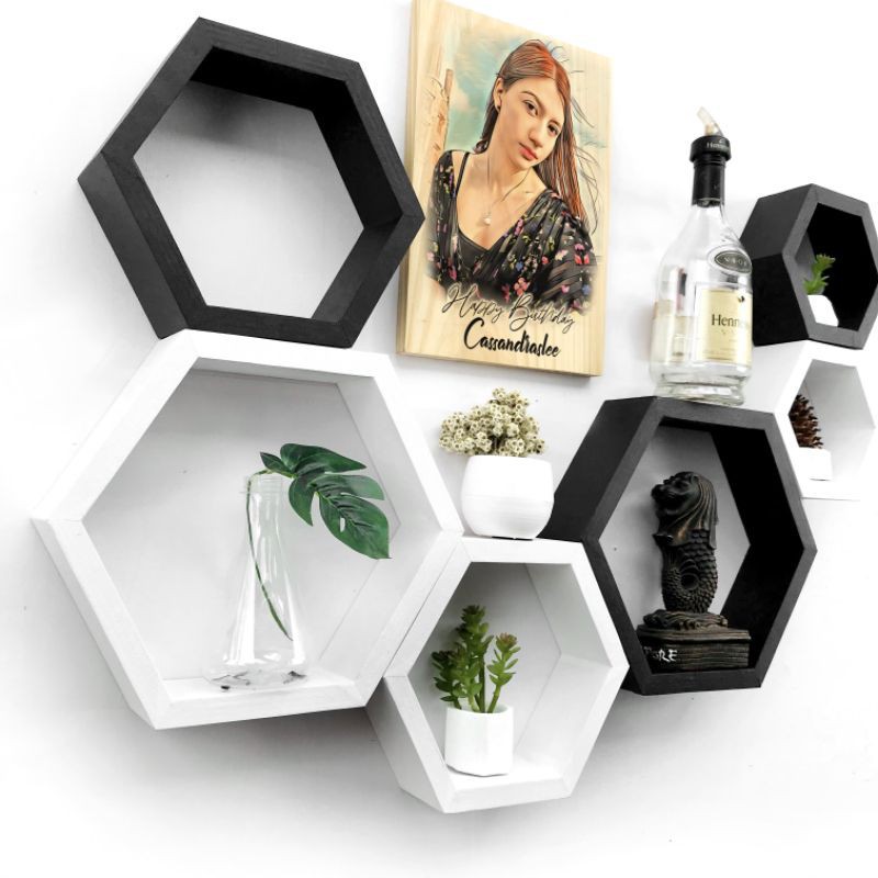 KAYU Minimalist Hexagon hexagonal Shelf Wooden Wall Shelf | Shopee ...